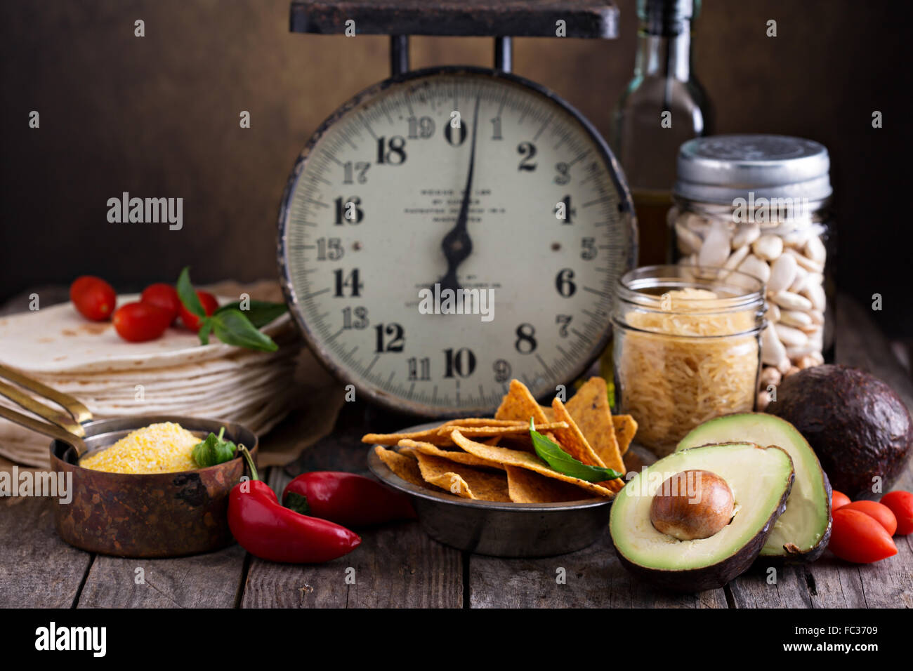 Ingredients for mexican cuisine on vintage scale Stock Photo - Alamy