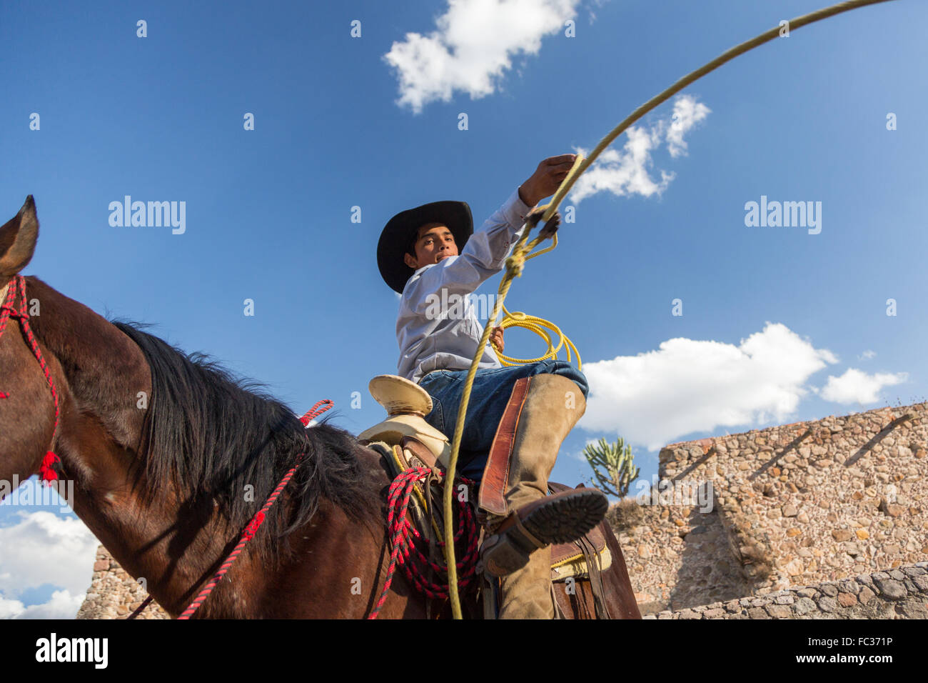 A Mexican charro or cowboy practices roping skills before a Charreada ...
