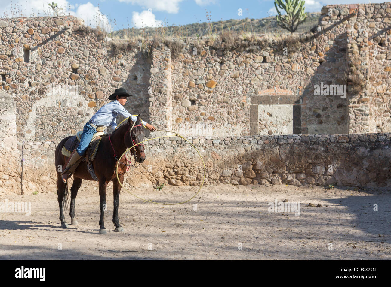 A Mexican charro or cowboy practices roping skills before a Charreada ...