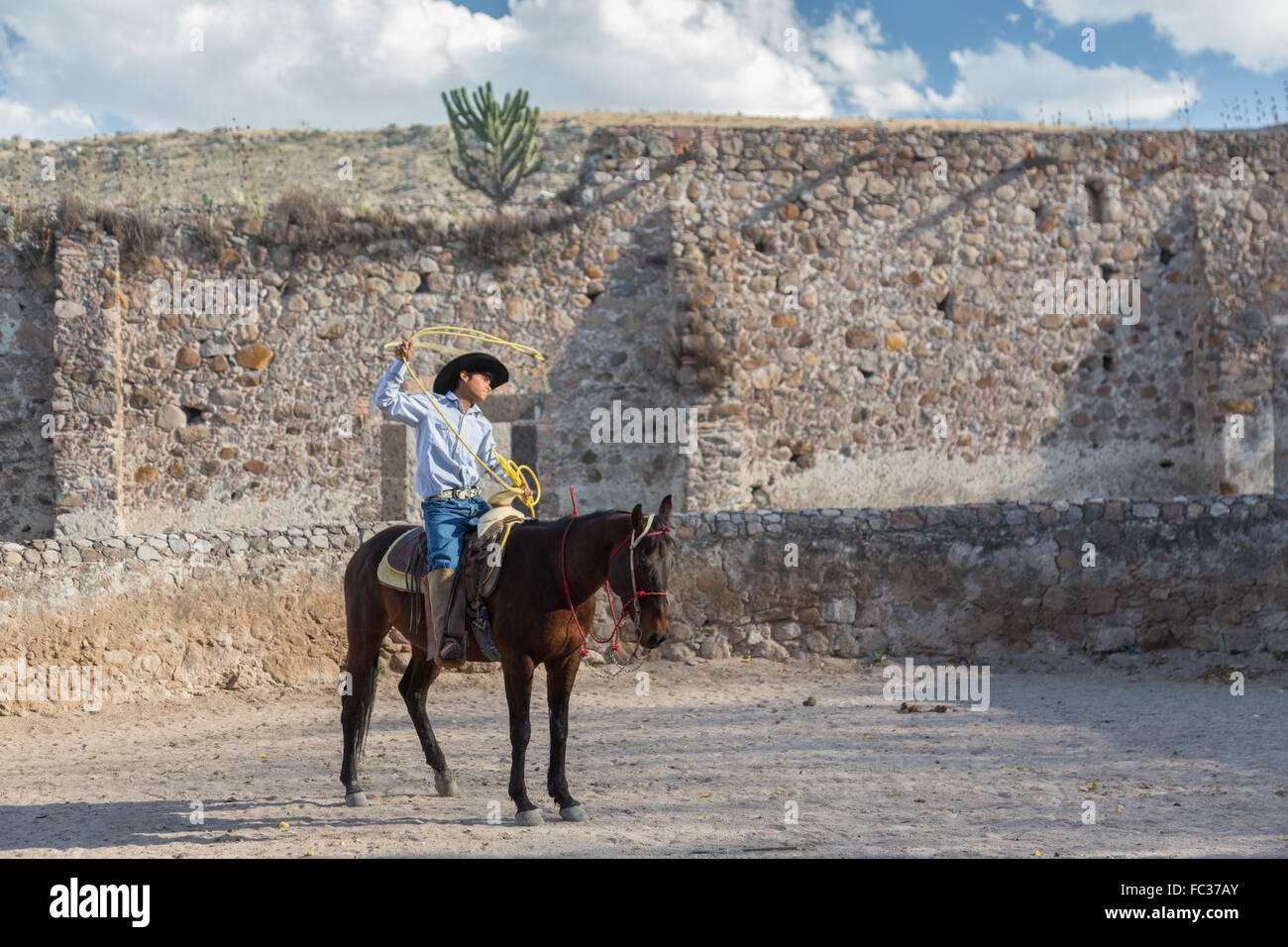 A Mexican charro or cowboy practices roping skills before a Charreada ...