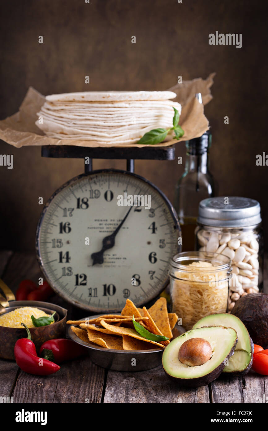 Ingredients for mexican cuisine on vintage scale Stock Photo - Alamy