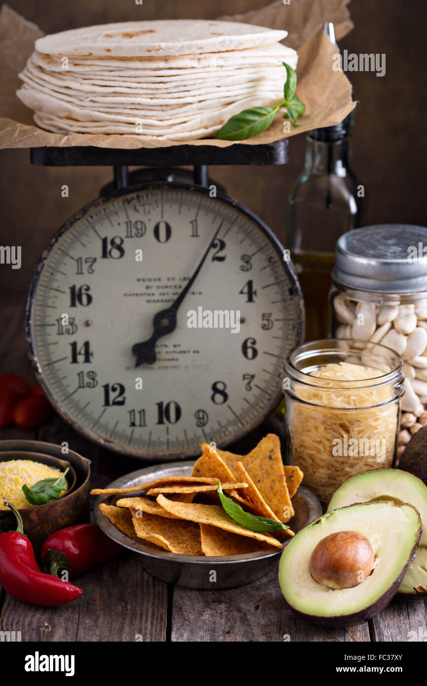 Ingredients for mexican cuisine on vintage scale Stock Photo - Alamy