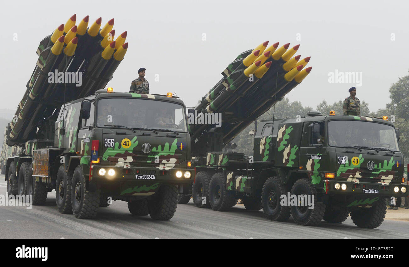 New Delhi, India. 20th Jan, 2016. Self-propelled rocket launchers of ...
