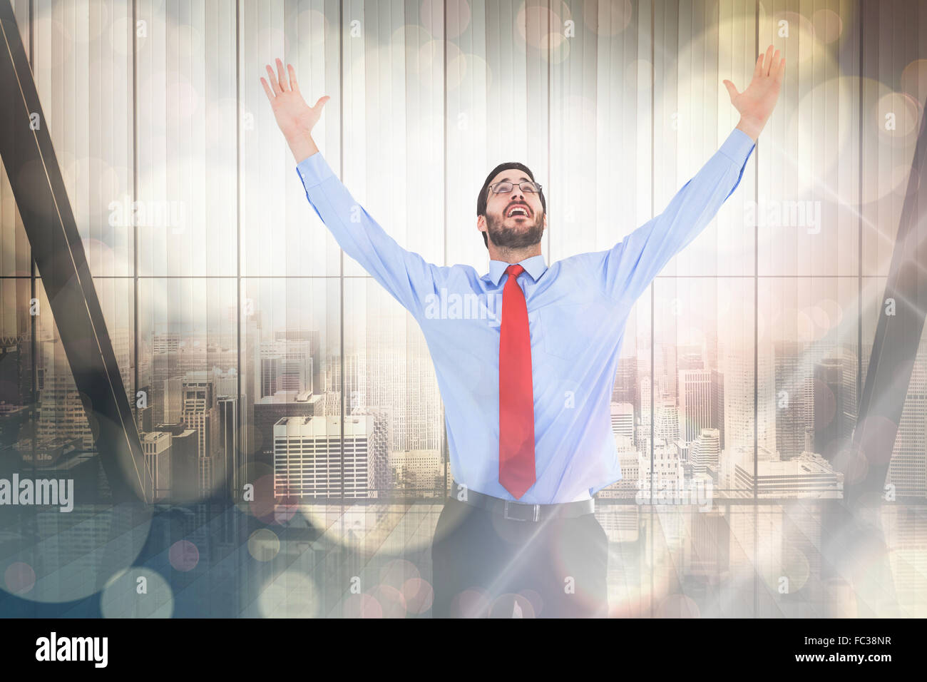 Successful businessman raising arms window hi-res stock photography and ...