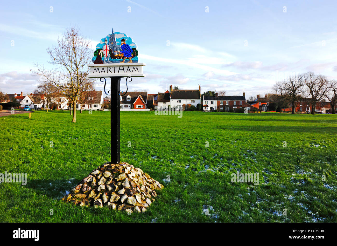 A view of the village sign and green at Martham, Norfolk, England ...