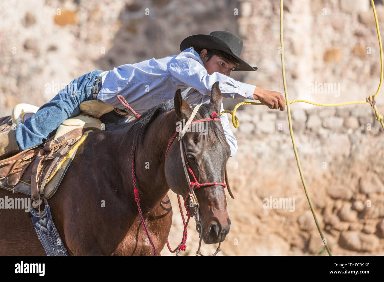 A Mexican charro or cowboy practices roping skills before a Charreada ...