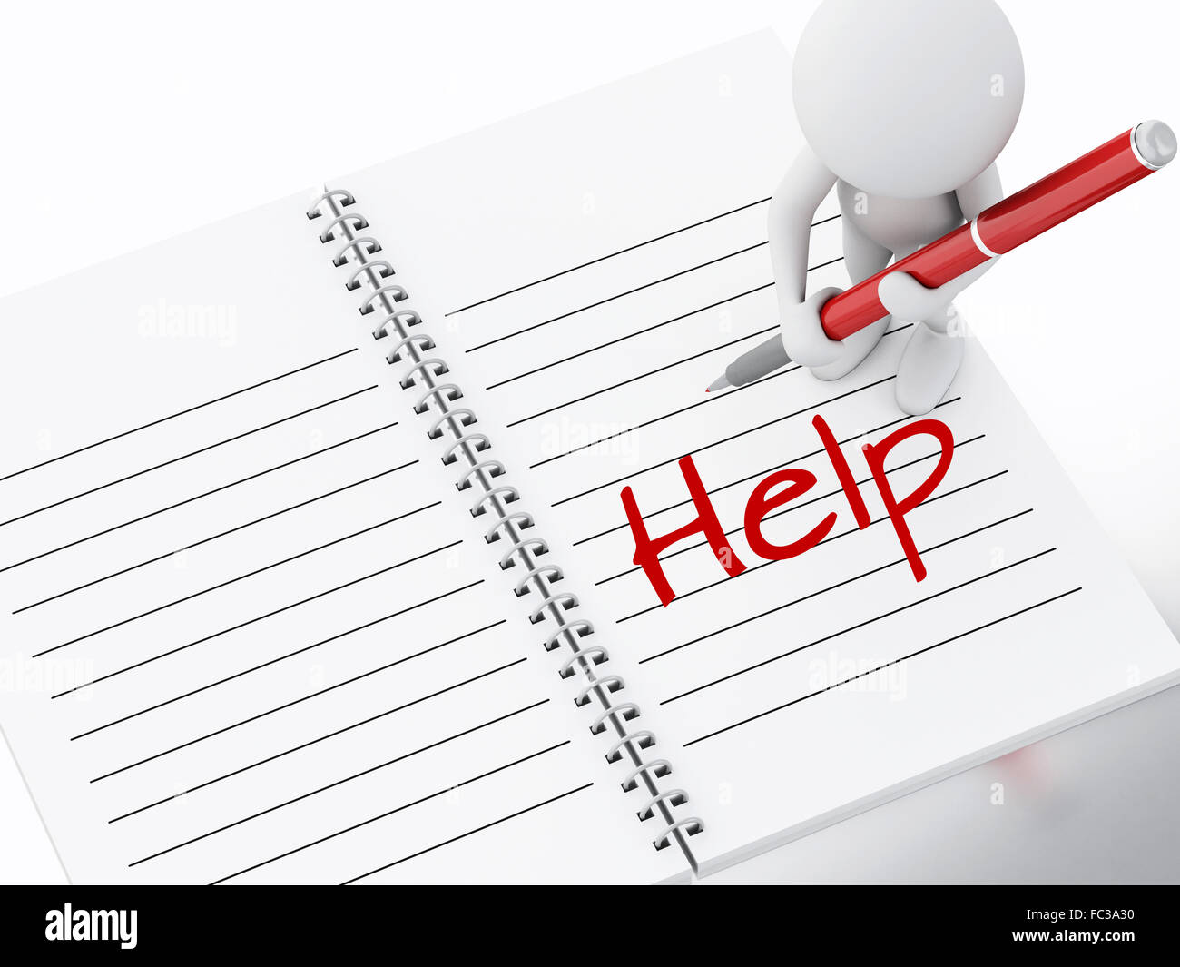 3d white people writing help on notebook page Stock Photo - Alamy