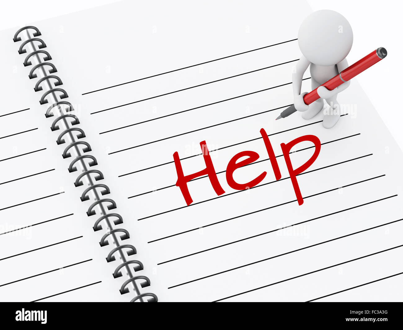 3d white people writing help on notebook page Stock Photo - Alamy
