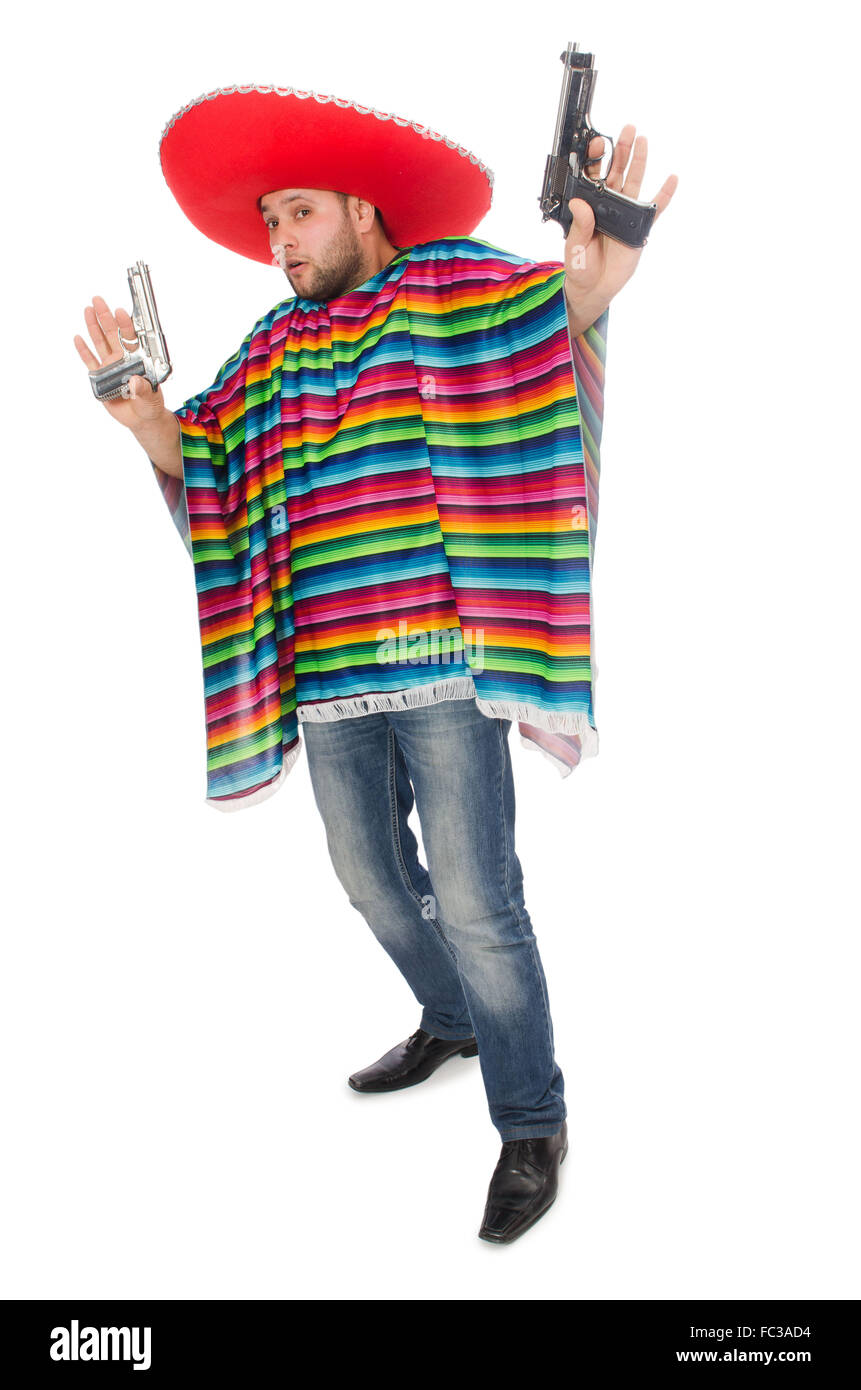 Funny mexican holding pistol isolated on white Stock Photo - Alamy