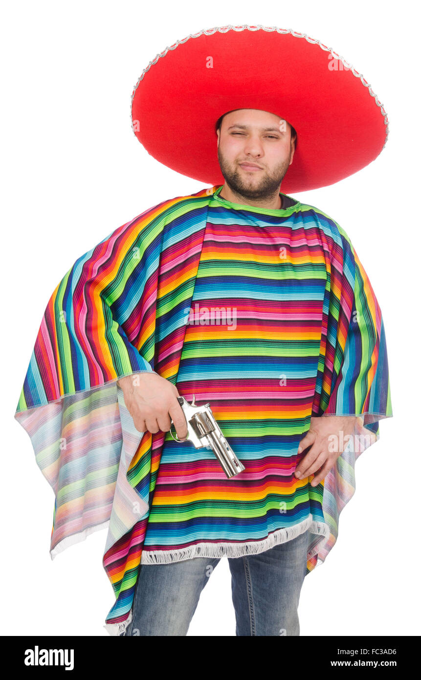 Funny mexican holding pistol isolated on white Stock Photo - Alamy