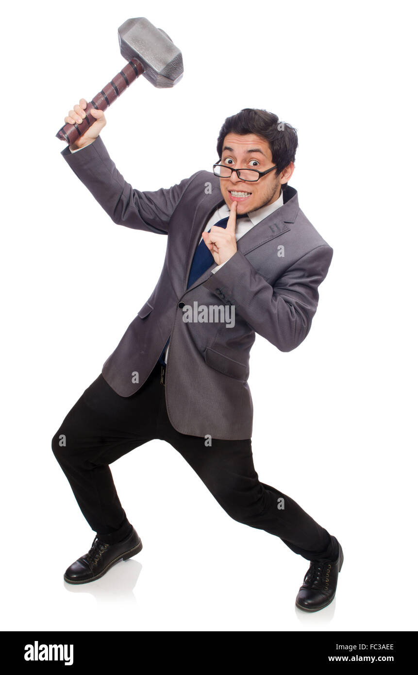 Business man holding hammer isolated on white Stock Photo - Alamy