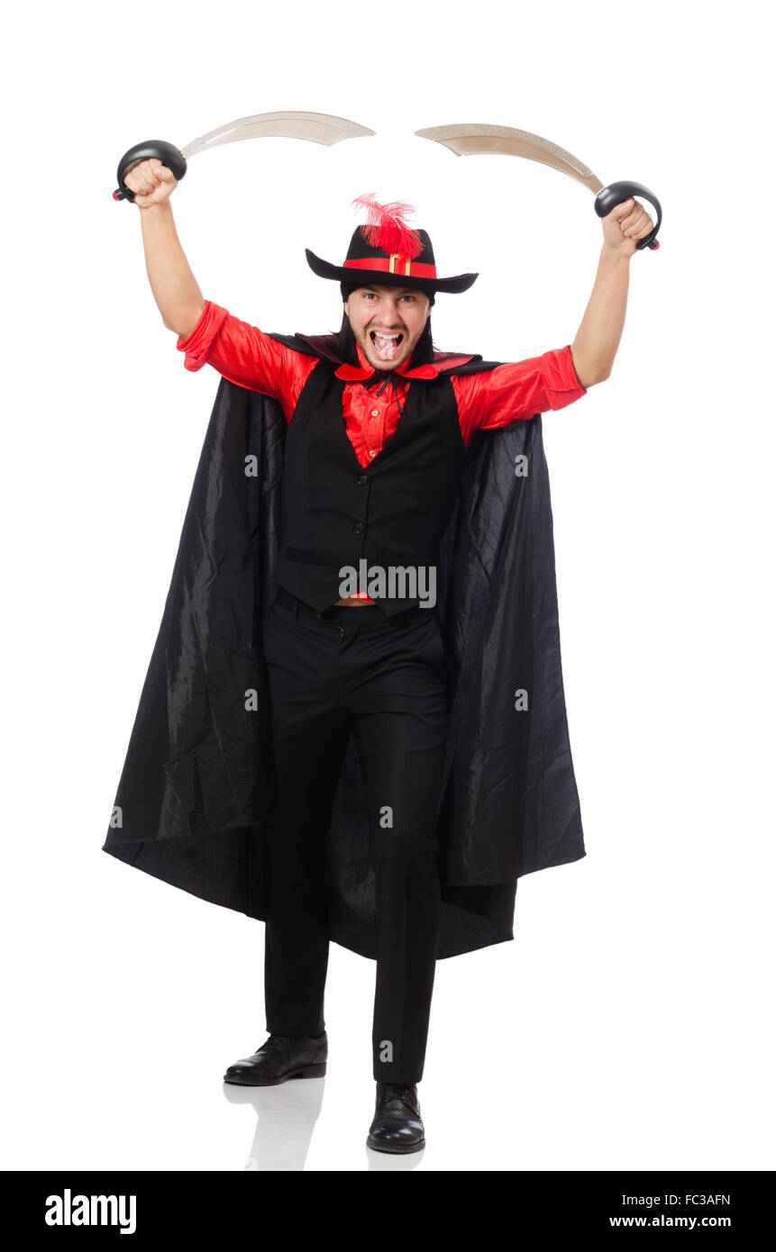 Young man in carnival coat with sword isolated on hi-res stock ...