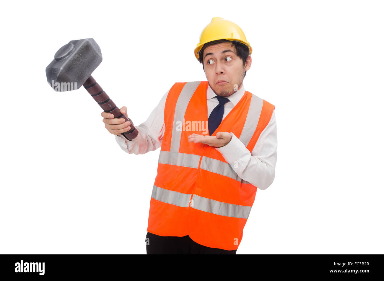Construction worker with hammer isolated on white Stock Photo - Alamy