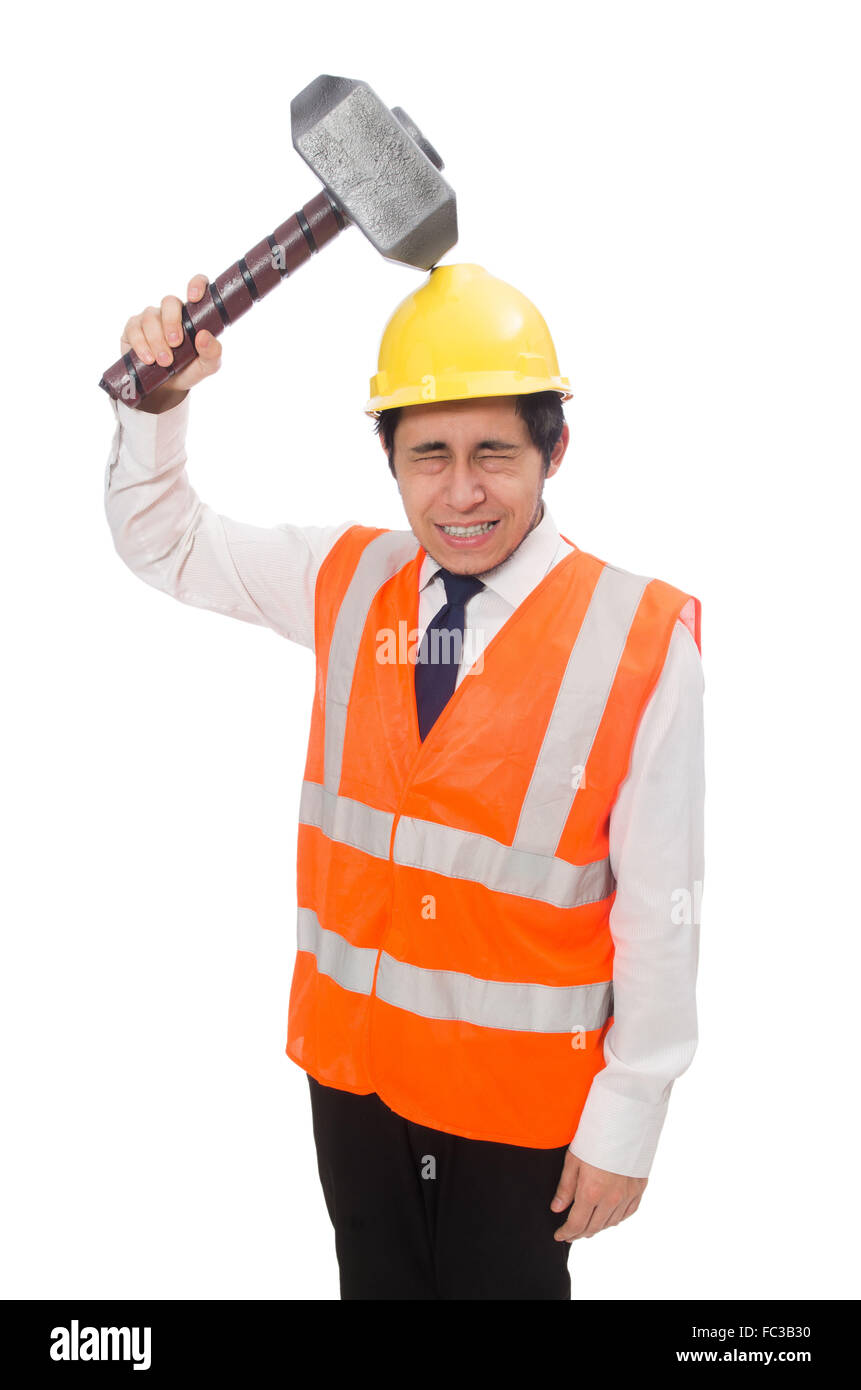 Construction worker with hammer isolated on white Stock Photo - Alamy