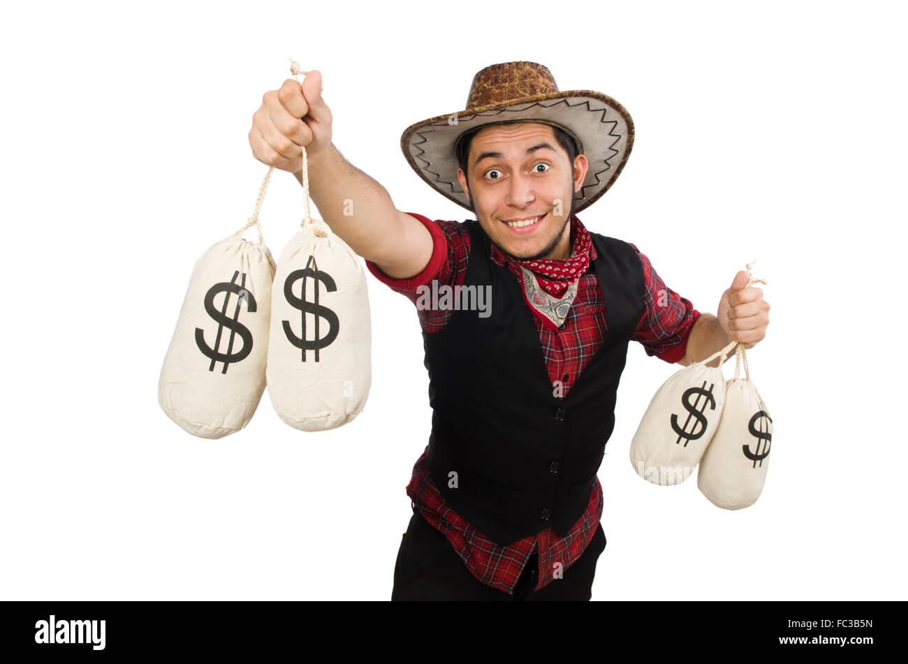 Young cowboy with money bags isolated on white Stock Photo - Alamy