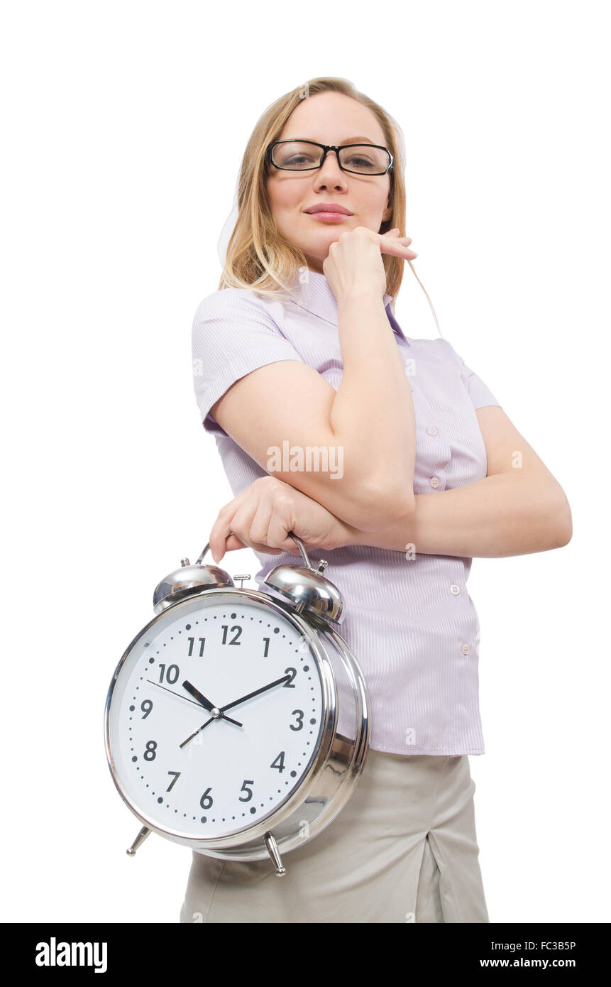 Young employee holding alarm clock isolated on white Stock Photo - Alamy