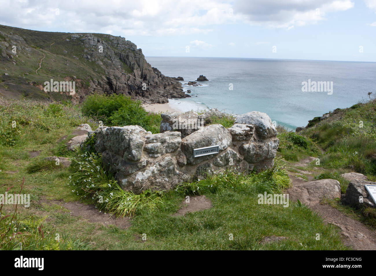 St Levan,s Holy Well high on the cliff,s above Porthchapel Beach at St ...