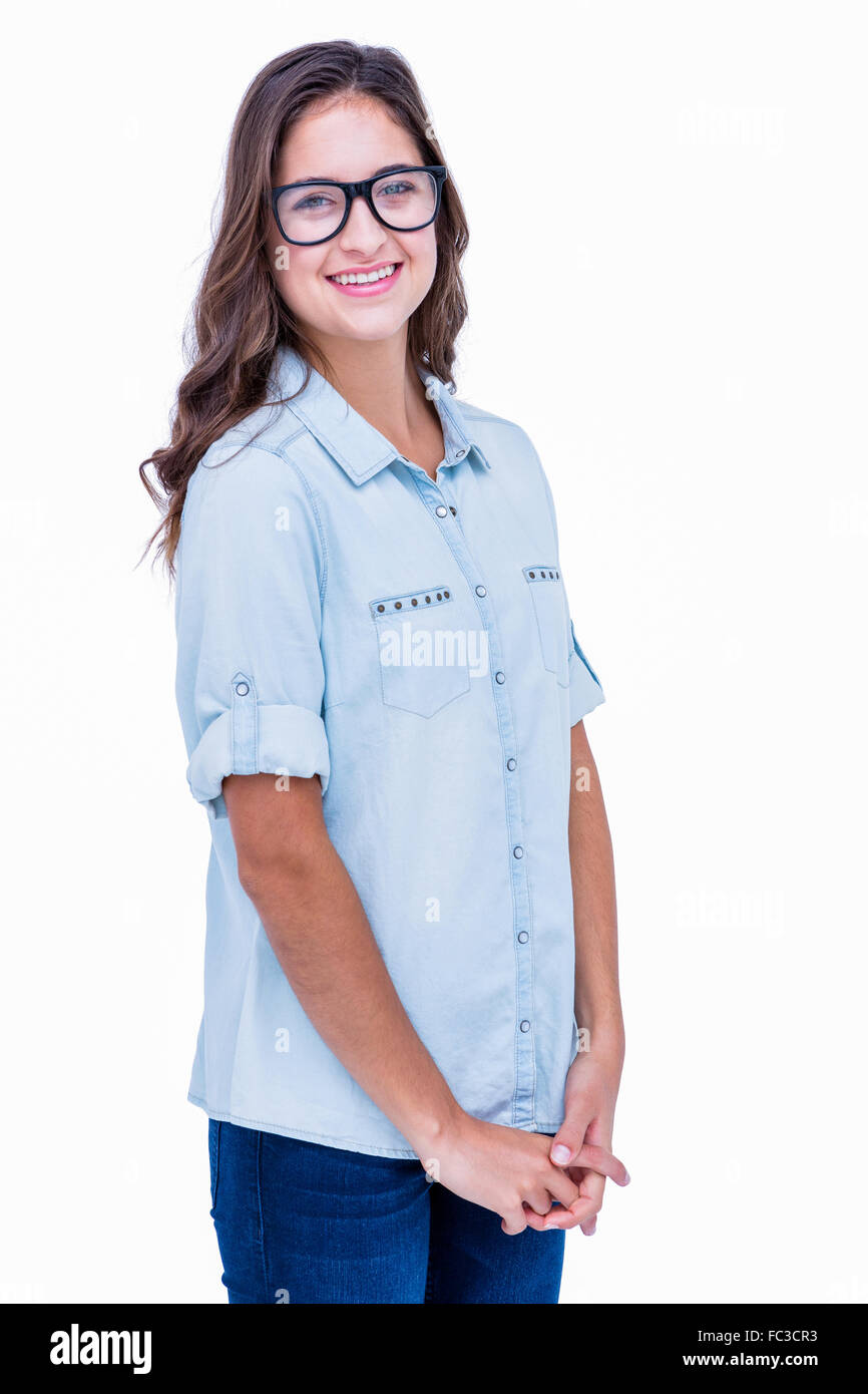 Pretty geeky hipster posing and smiling at camera Stock Photo - Alamy