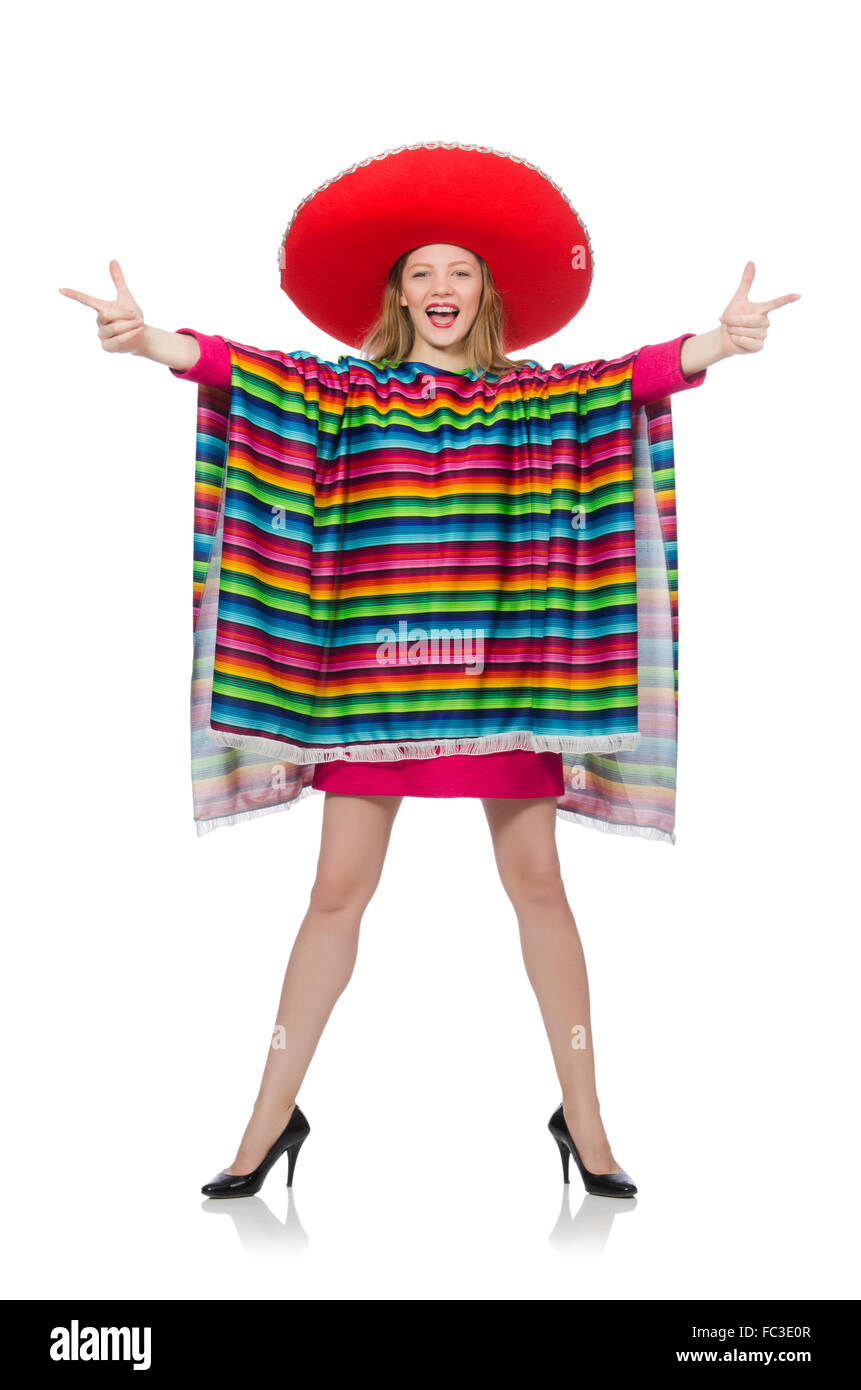 Pretty girl in mexican poncho isolated on white Stock Photo - Alamy
