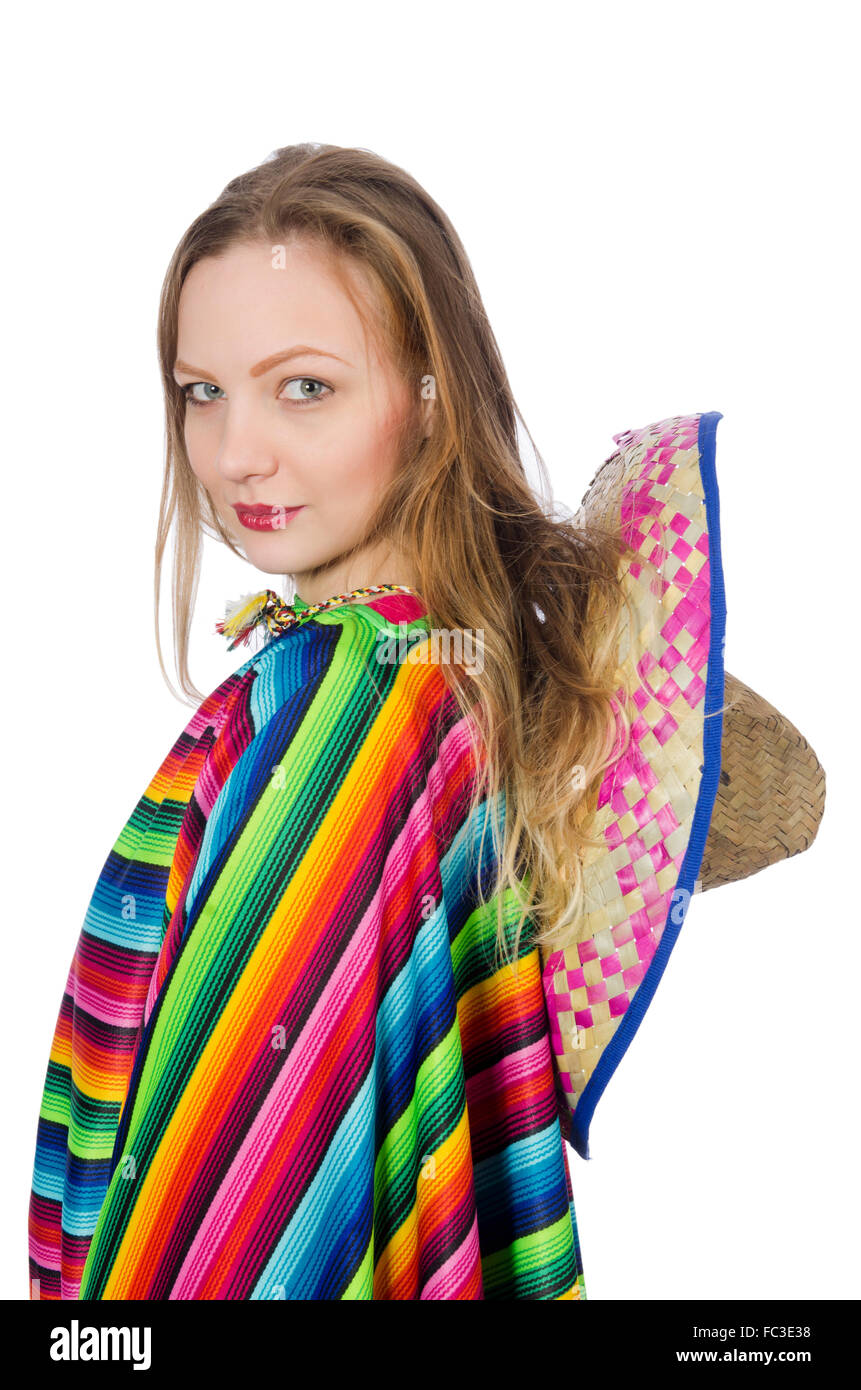 Pretty girl in mexican poncho isolated on white Stock Photo - Alamy