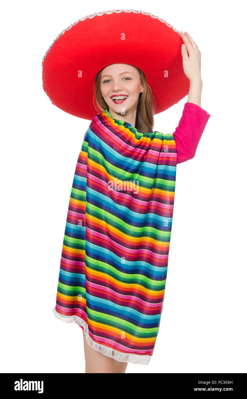 Pretty girl in mexican poncho isolated on white Stock Photo - Alamy