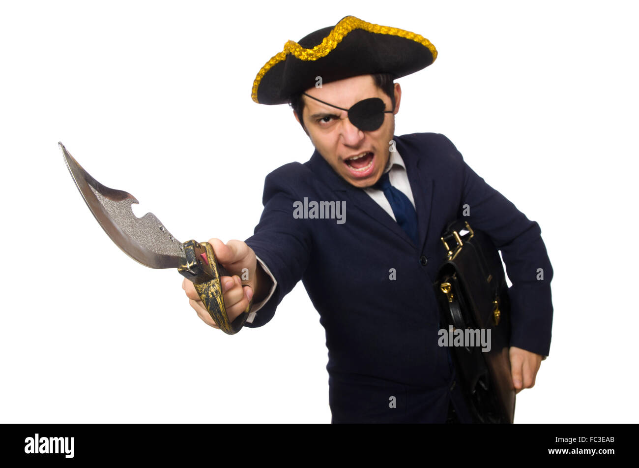 One eyed pirate with briefcase and sword isolated on white Stock Photo ...