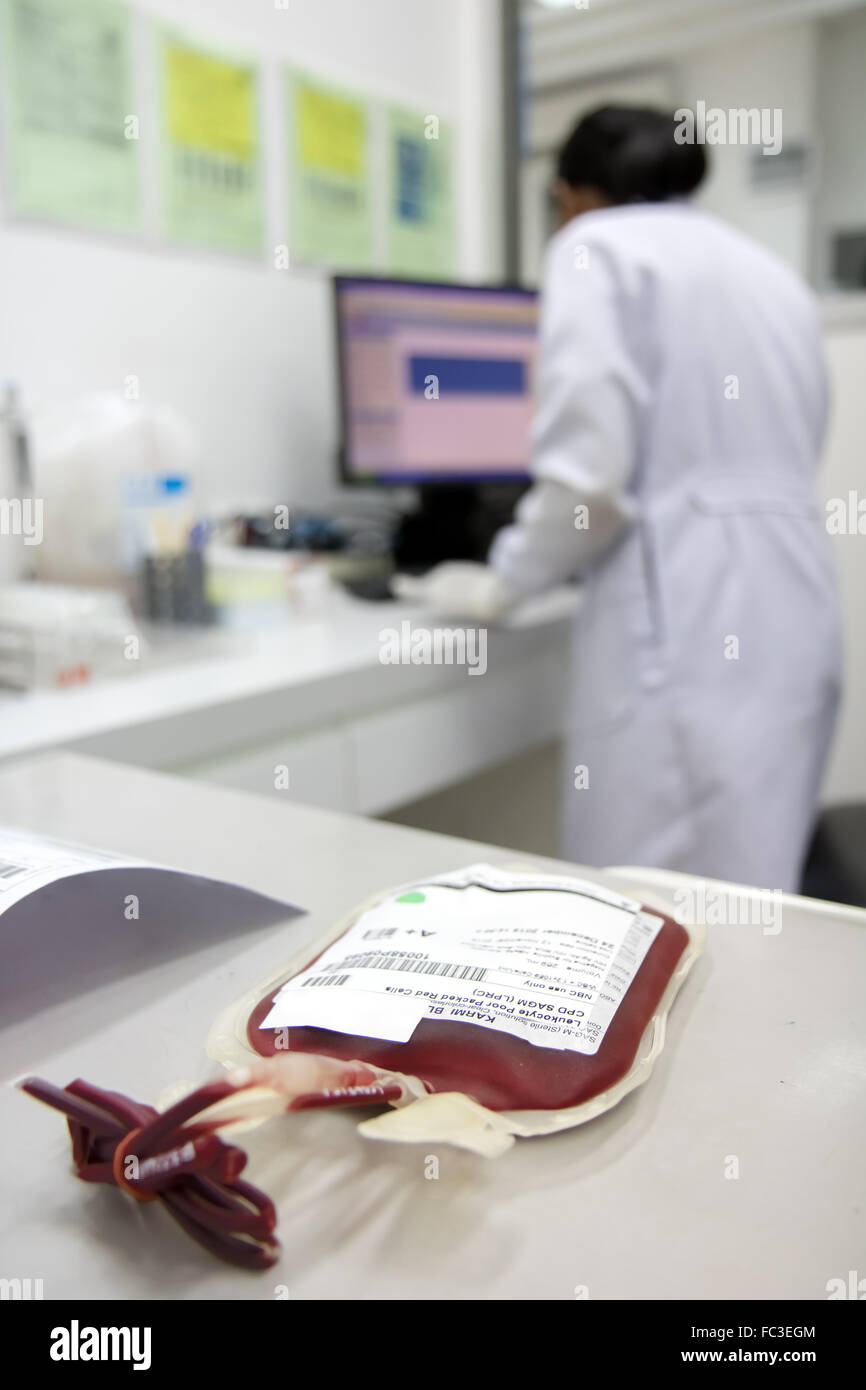 Blood package on the table in the laboratory of hospital Stock Photo ...