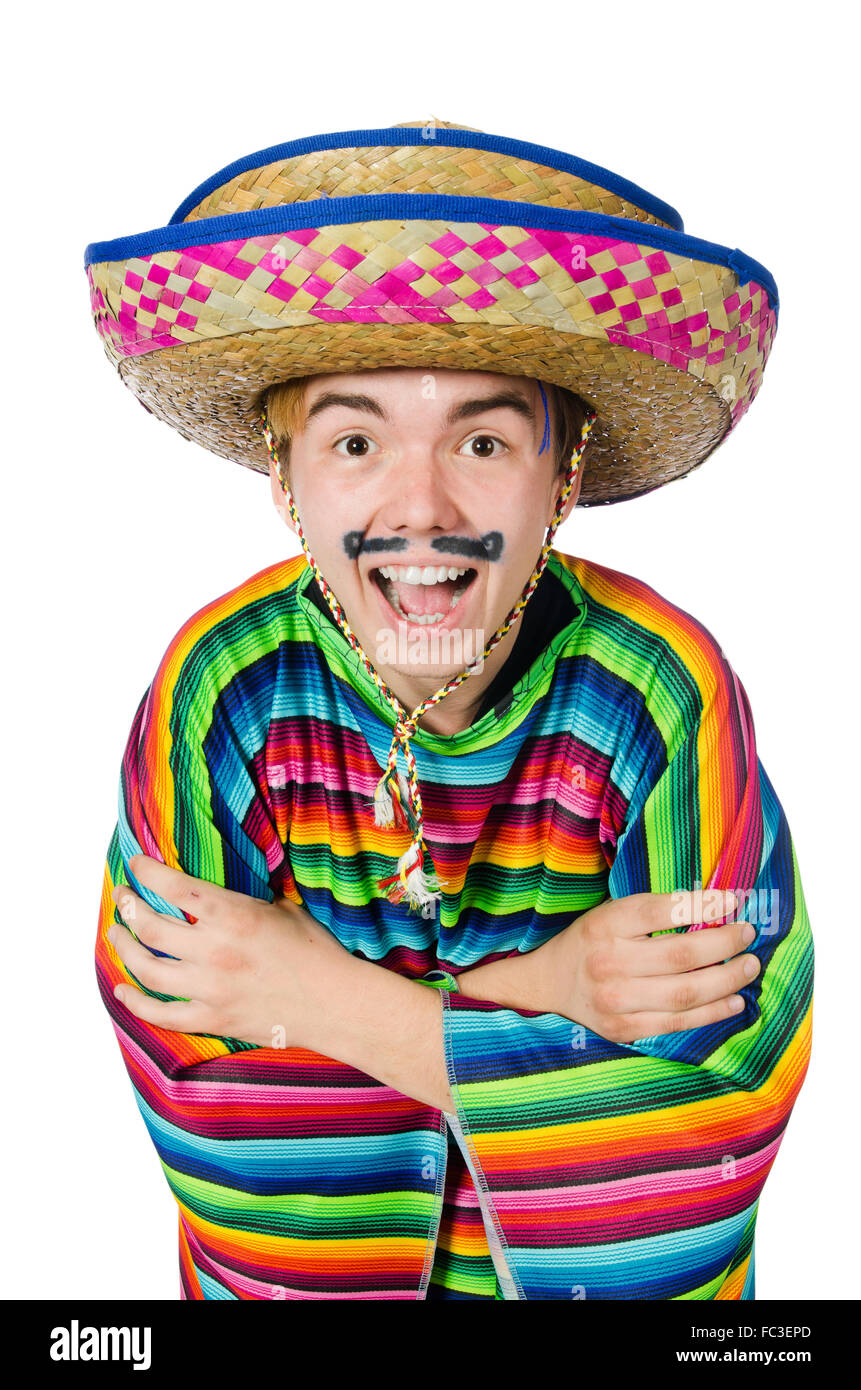 Funny young mexican with false moustache isolated on white Stock Photo ...