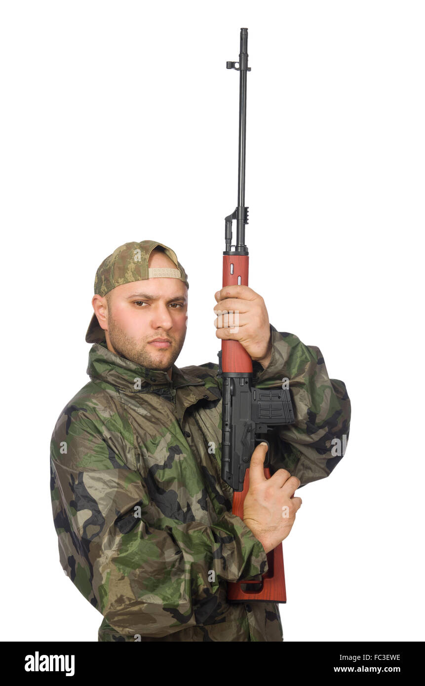 Young man in soldier uniform holding gun isolated on white Stock Photo ...