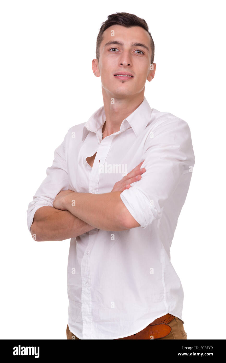 Thinking man isolated on white background. Closeup portrait of a casual ...