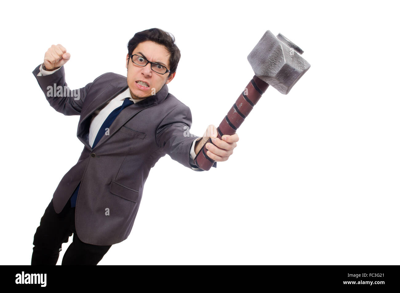 Business man holding hammer isolated on white Stock Photo - Alamy