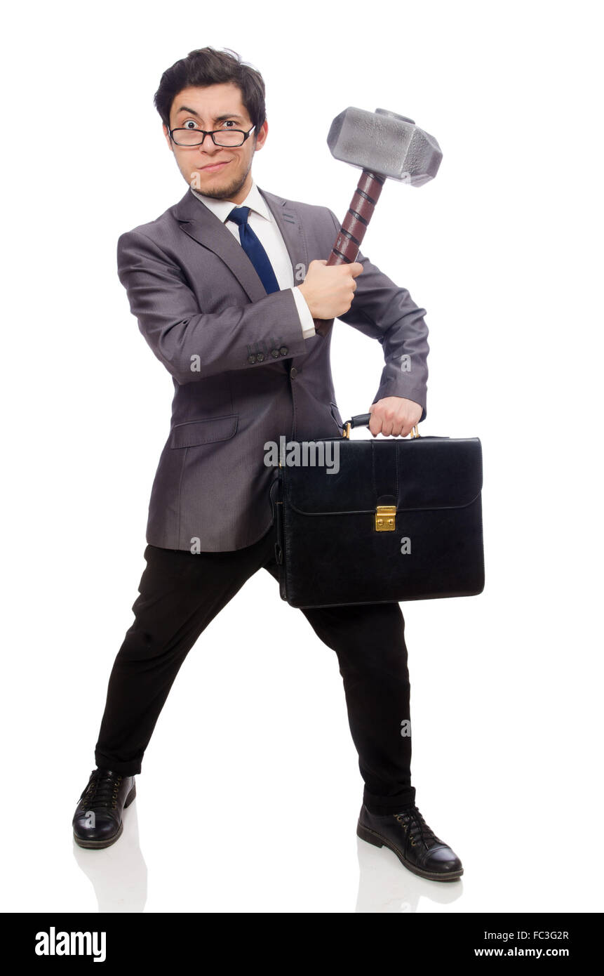 Business man holding hammer isolated on white Stock Photo - Alamy