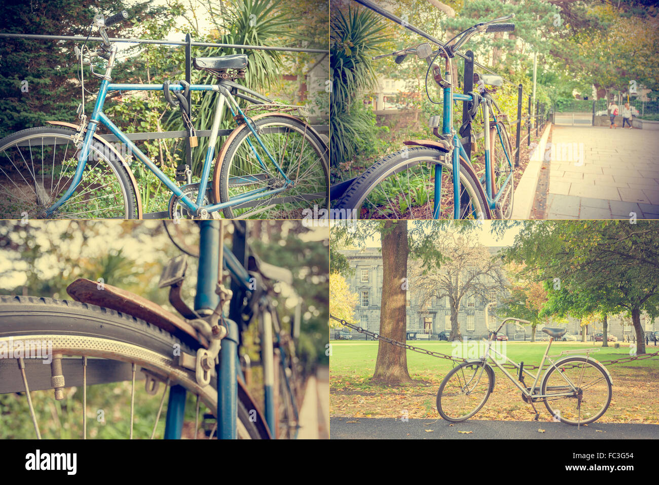 Collage of different picture of a vintage old blue bike Stock Photo - Alamy