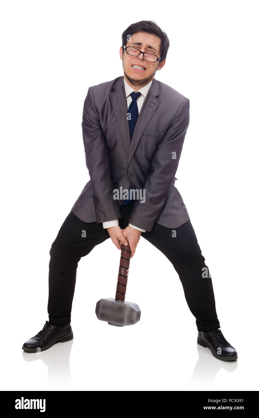 Business man holding hammer isolated on white Stock Photo - Alamy