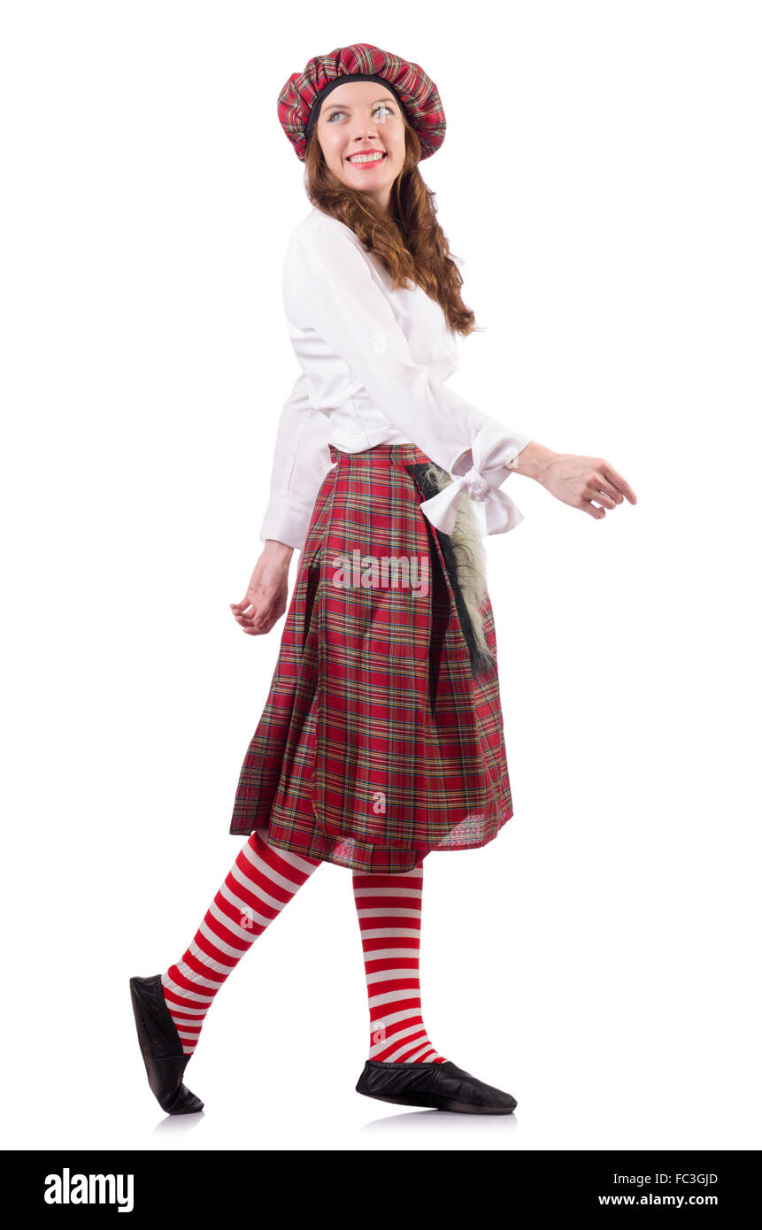 Pretty girl in plaid red clothing isolated on white Stock Photo - Alamy