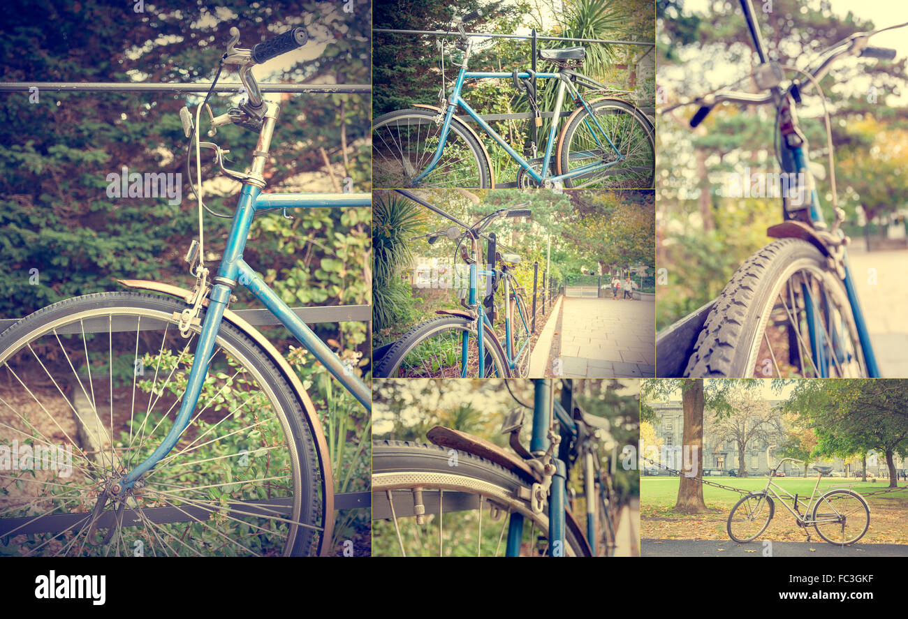 Collage of different picture of a vintage old blue bike Stock Photo - Alamy