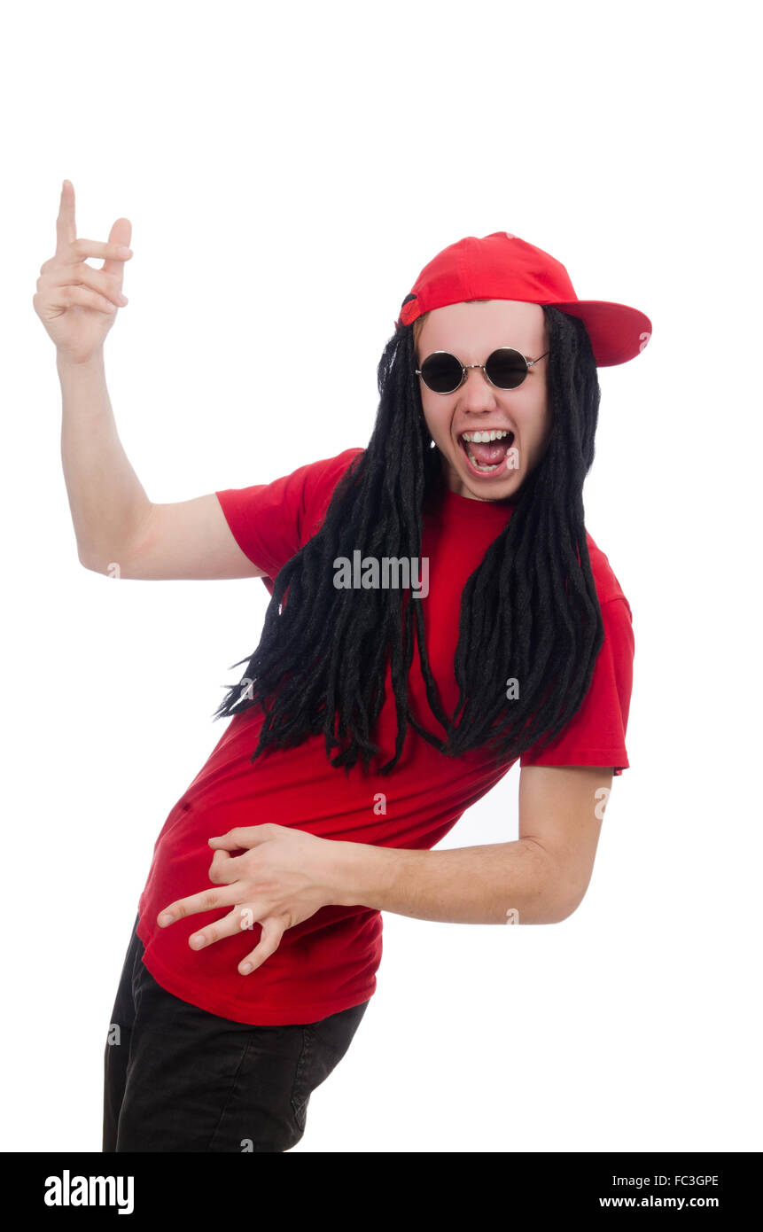 Positive boy with microphone isolated on white Stock Photo - Alamy