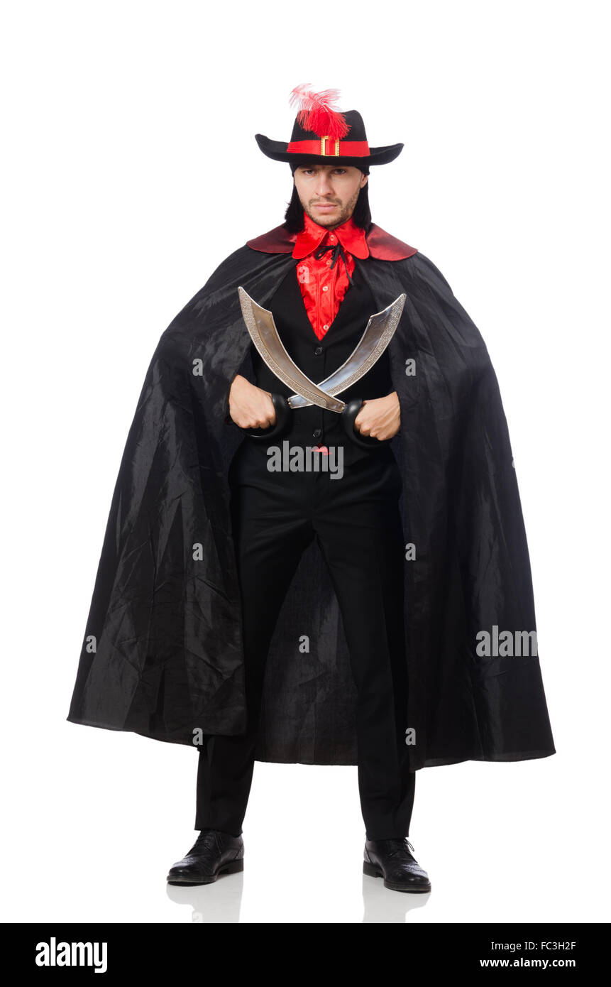 Young man in carnival coat with sword isolated on white Stock Photo - Alamy