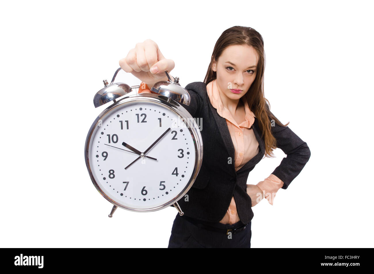 Business lady holding alarm clock isolated on white Stock Photo - Alamy