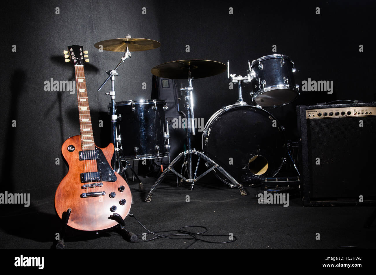 Set of musical instruments in club Stock Photo - Alamy