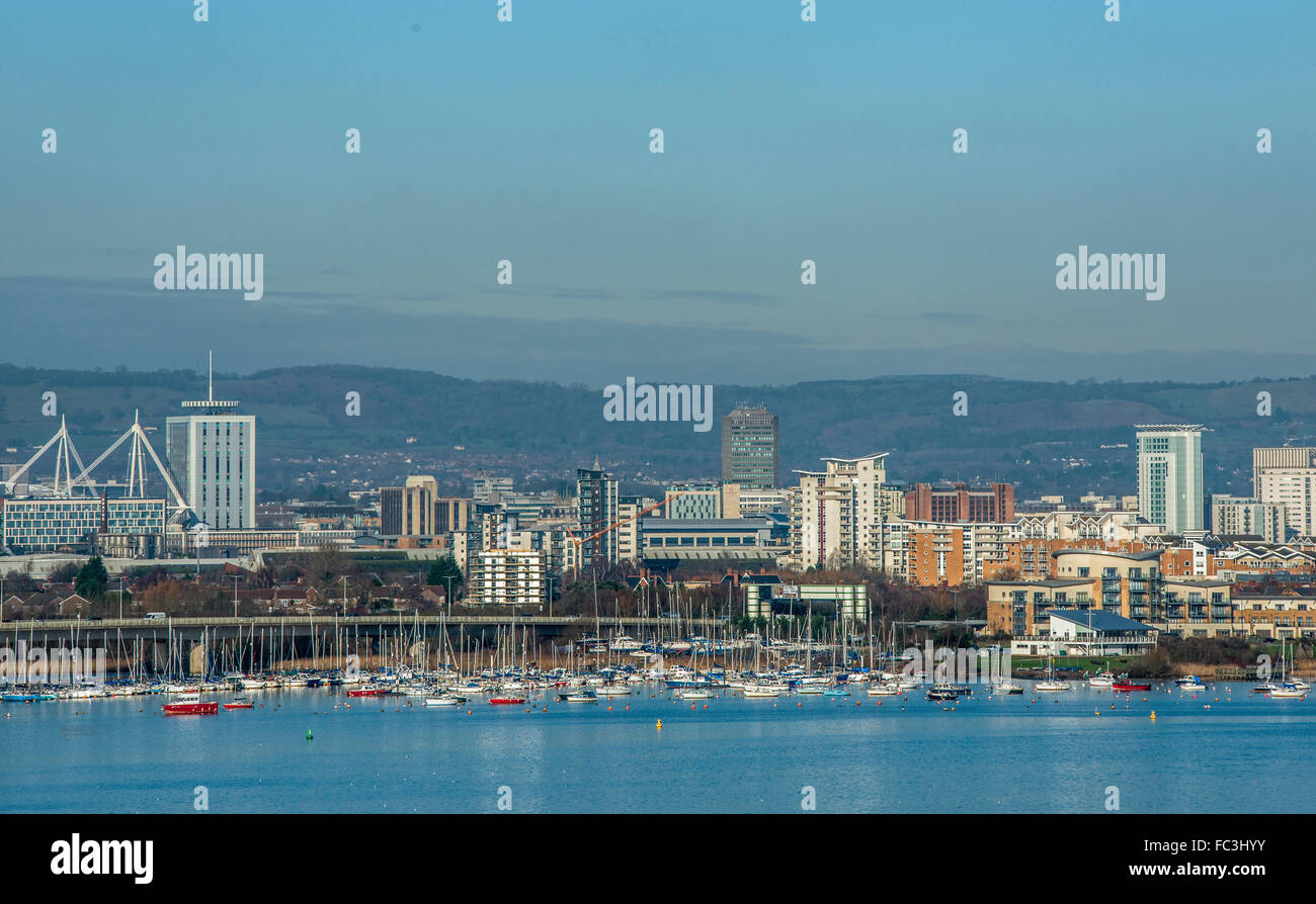 View of Cardiff city across Cardiff Bay photographed from Penarth ...
