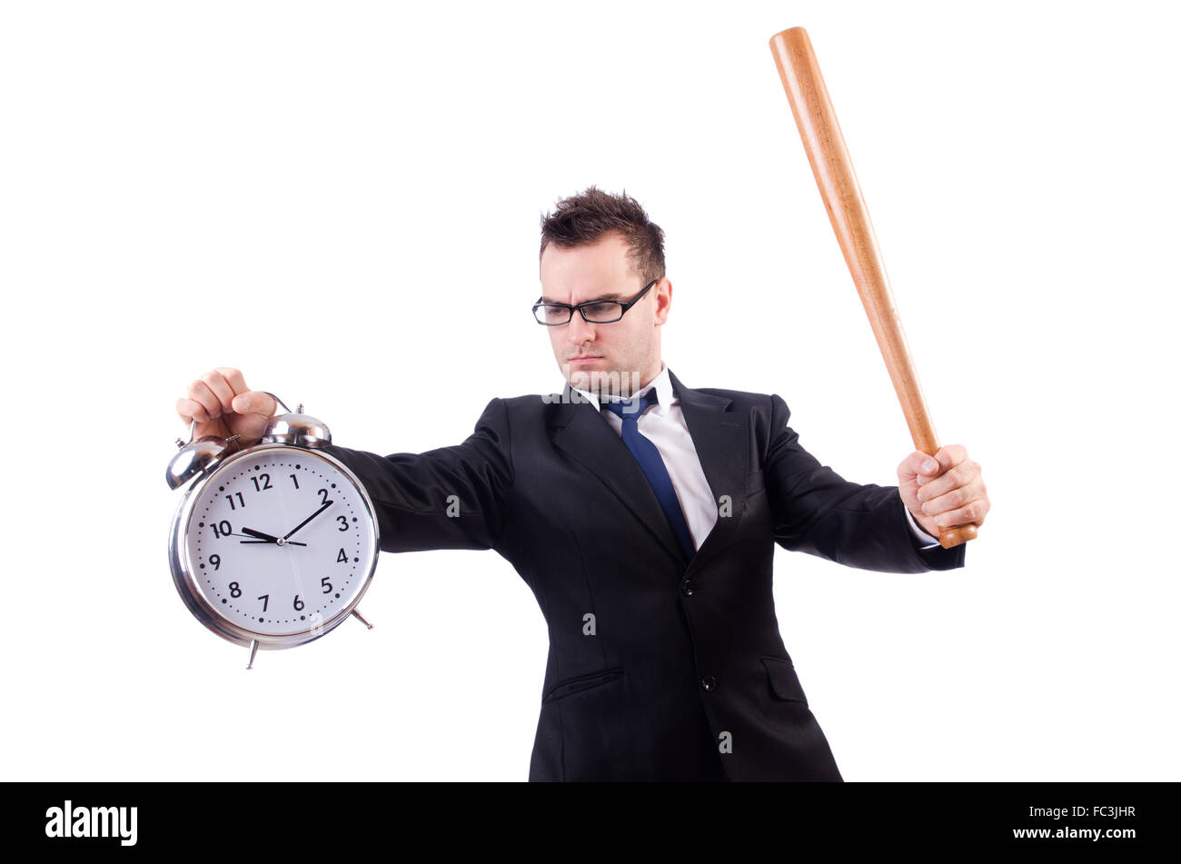Man hitting the clock with baseball bat isolated on the white Stock ...
