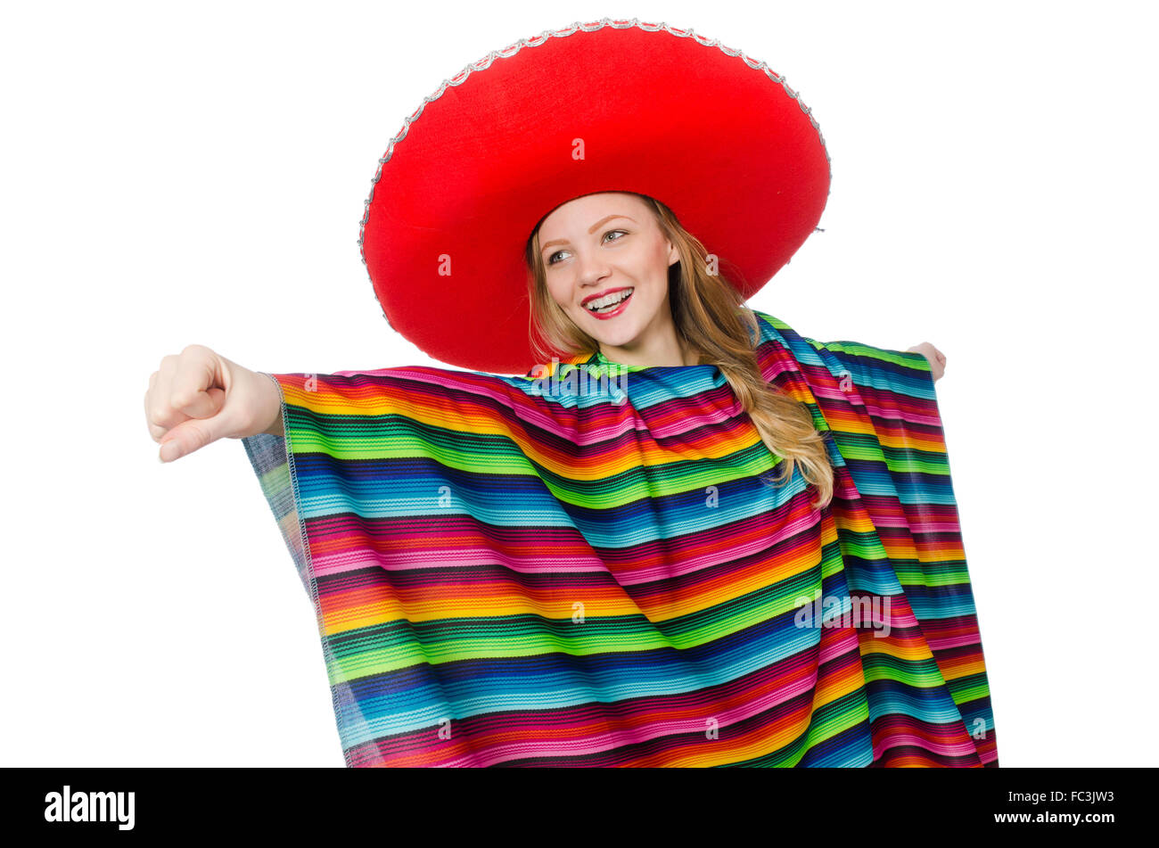 Pretty girl in mexican poncho isolated on white Stock Photo - Alamy