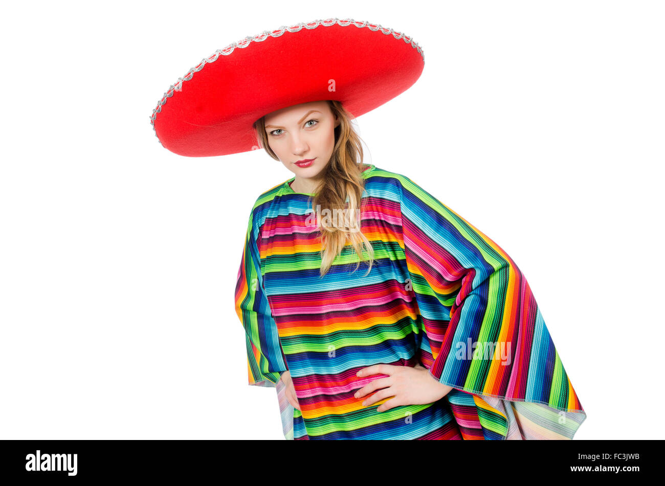 Pretty girl in mexican poncho isolated on white Stock Photo - Alamy