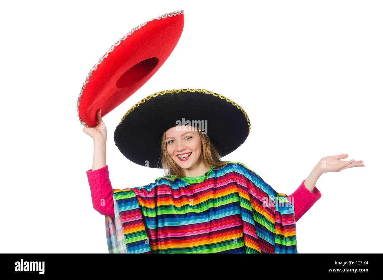 Pretty girl in mexican poncho isolated on white Stock Photo - Alamy
