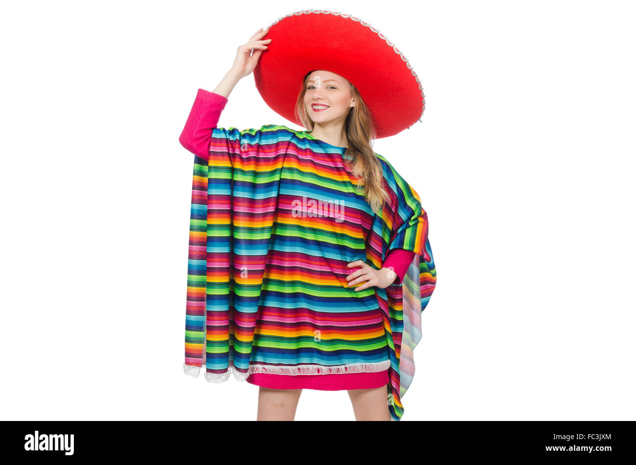 Pretty girl in mexican poncho isolated on white Stock Photo - Alamy