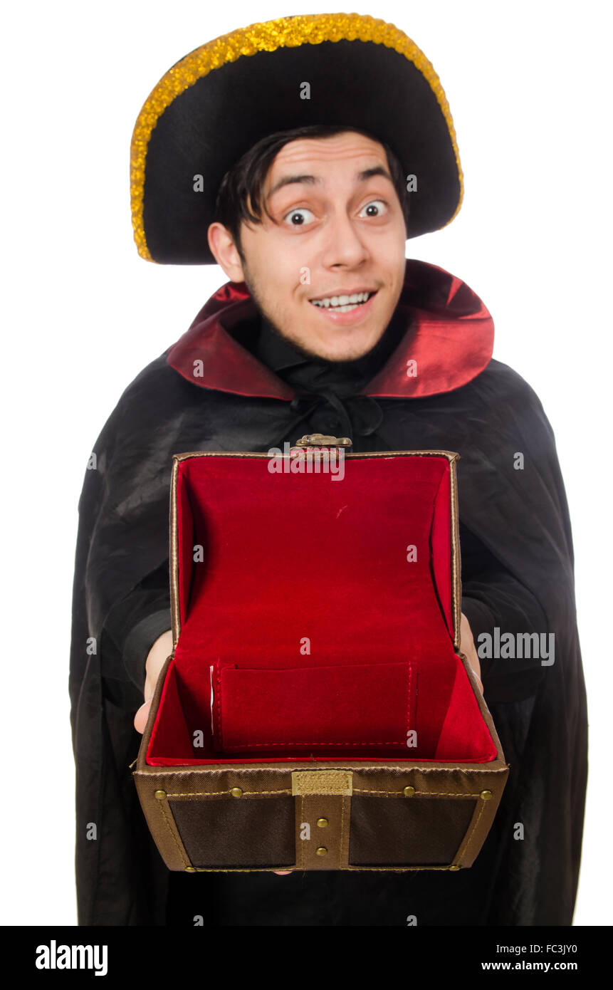 Young pirate holding chest box isolated on white Stock Photo - Alamy