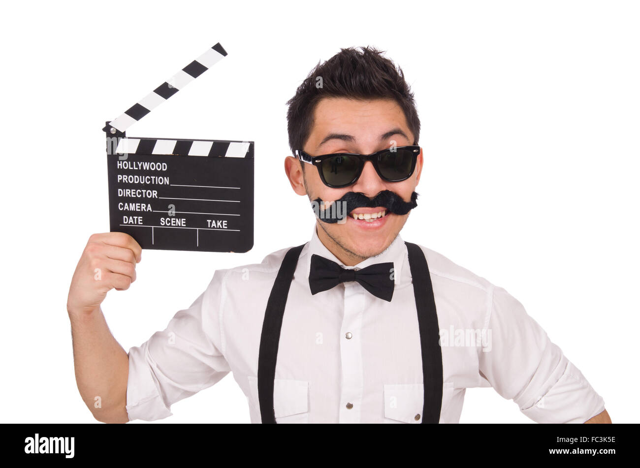 Whiskered young man with clapperboard isolated on white Stock Photo - Alamy