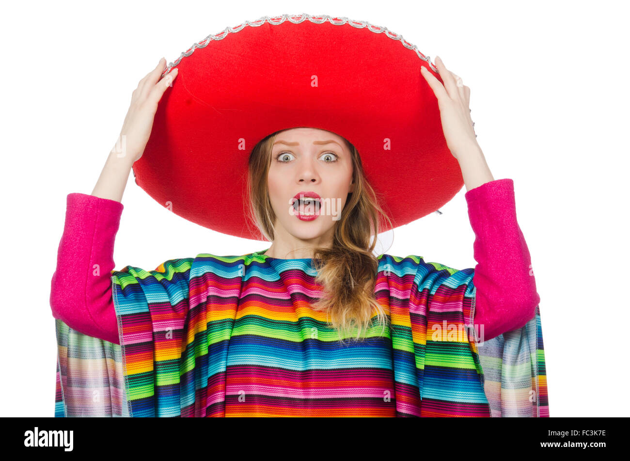 Pretty girl in mexican poncho isolated on white Stock Photo - Alamy