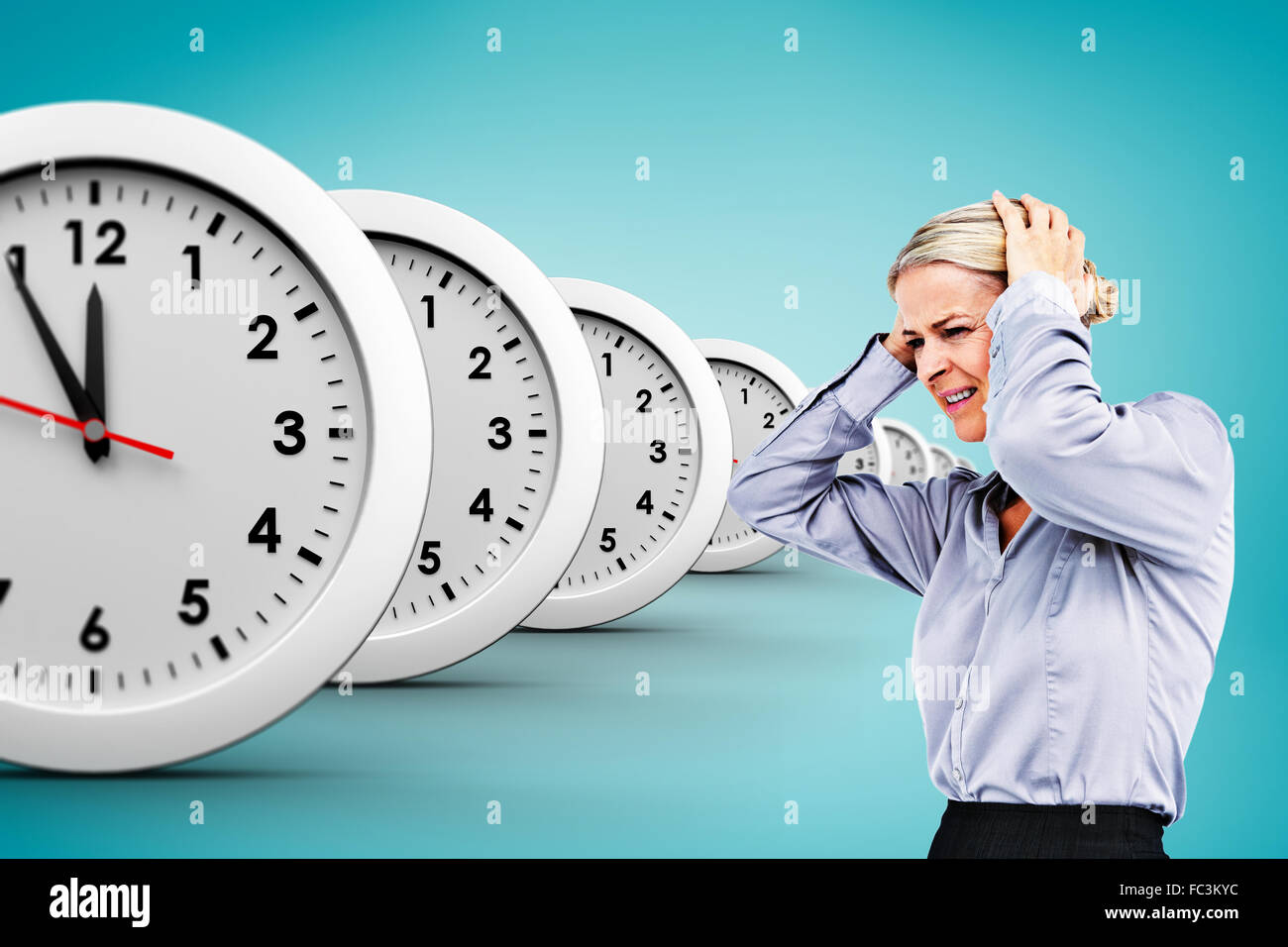 Composite image of worried businesswoman holding her head Stock Photo ...